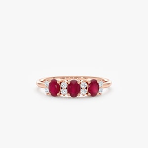 Natural Ruby Ring, 14k Ruby Stackable Ring, Round Diamonds and Oval Cut Rubies, Natural Stones ...