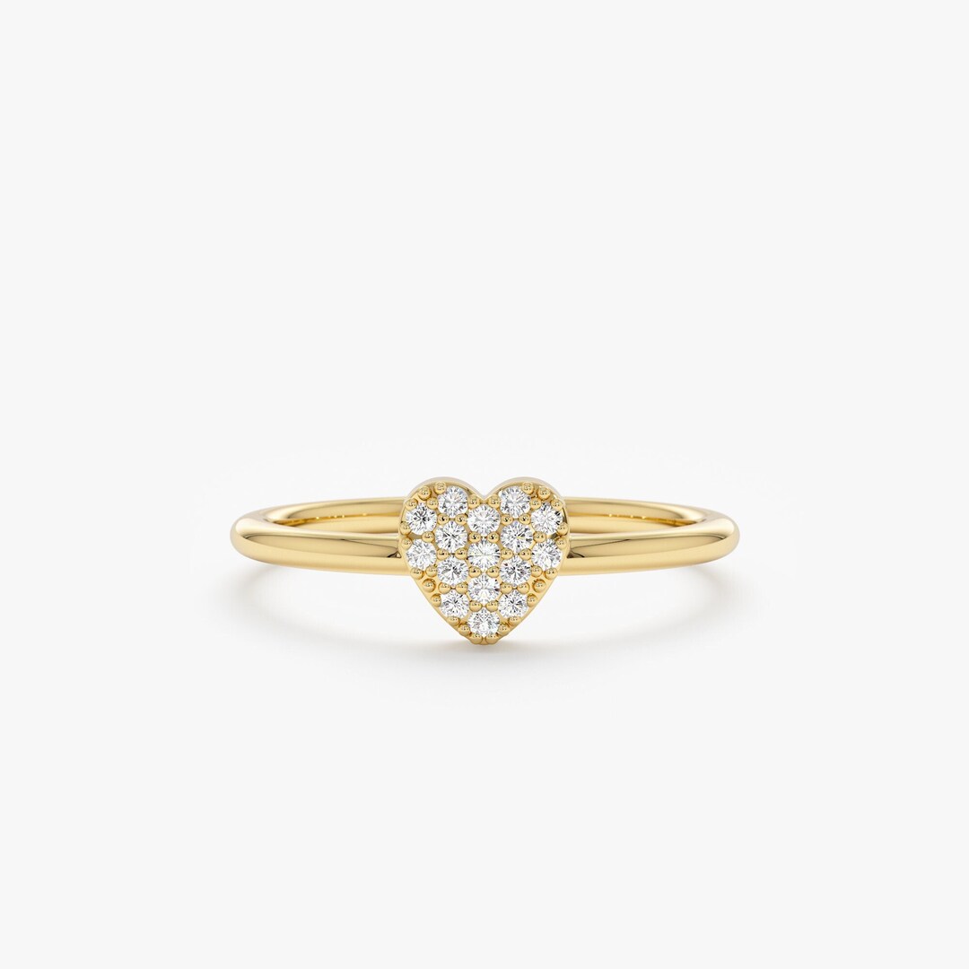 14k Small Diamond Heart Ring, Solid Gold Heart Ring, Micro Pave Diamond ...