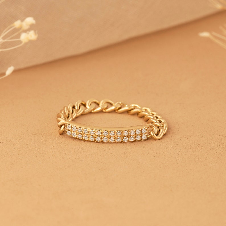 14k Diamond Cuban Link Chain Ring, Pave Diamond Bar Ring, Gold Chain ...