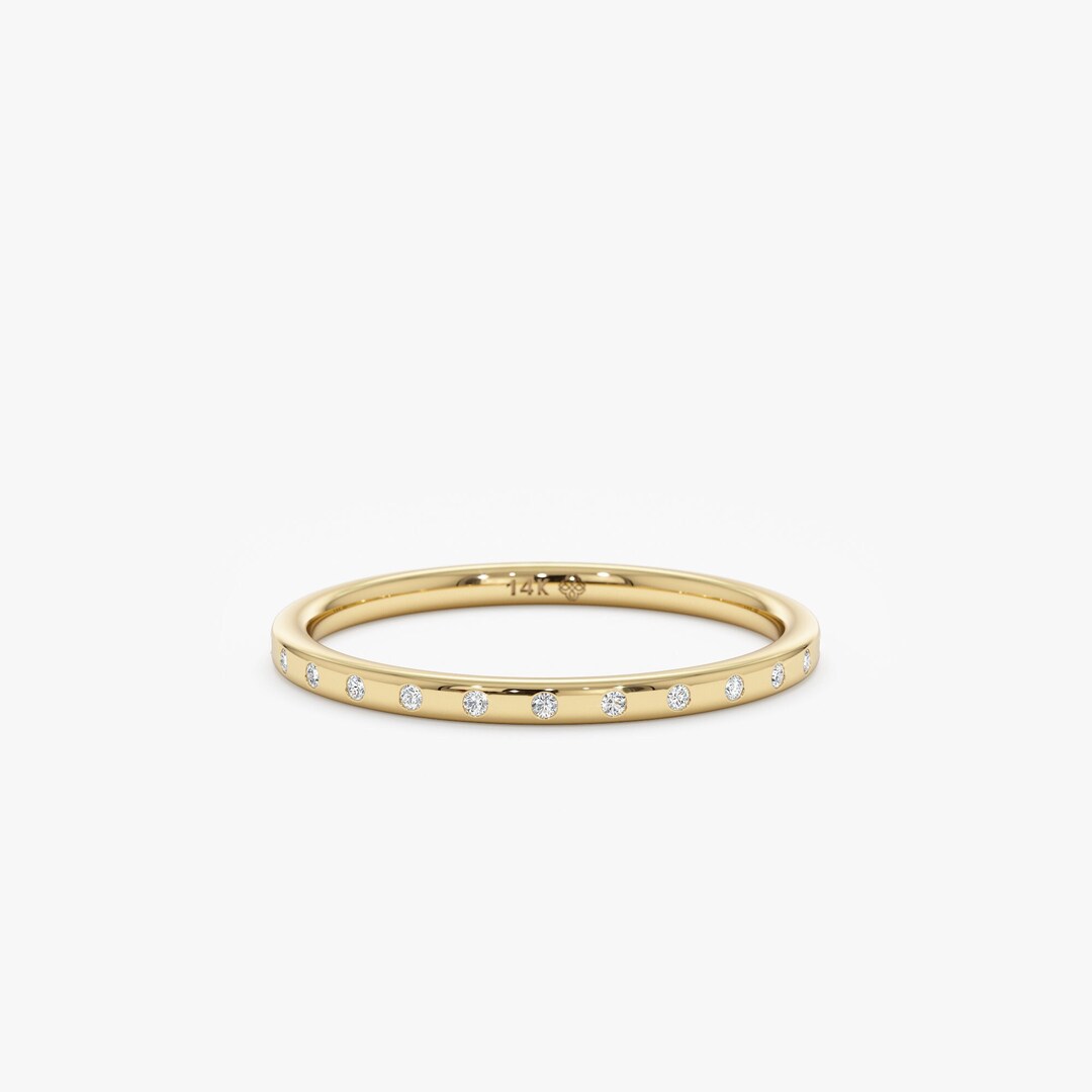 Minimalist Diamond Wedding Band, 14k Solid Gold Ring, Station Flush ...