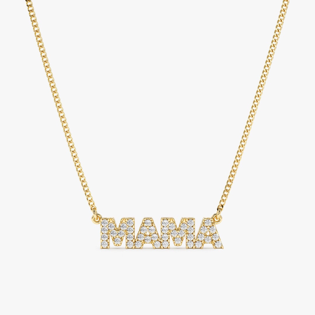 Small Diamond Necklace for Mother, Solid Gold Cuban Chain, Diamond MAMA ...