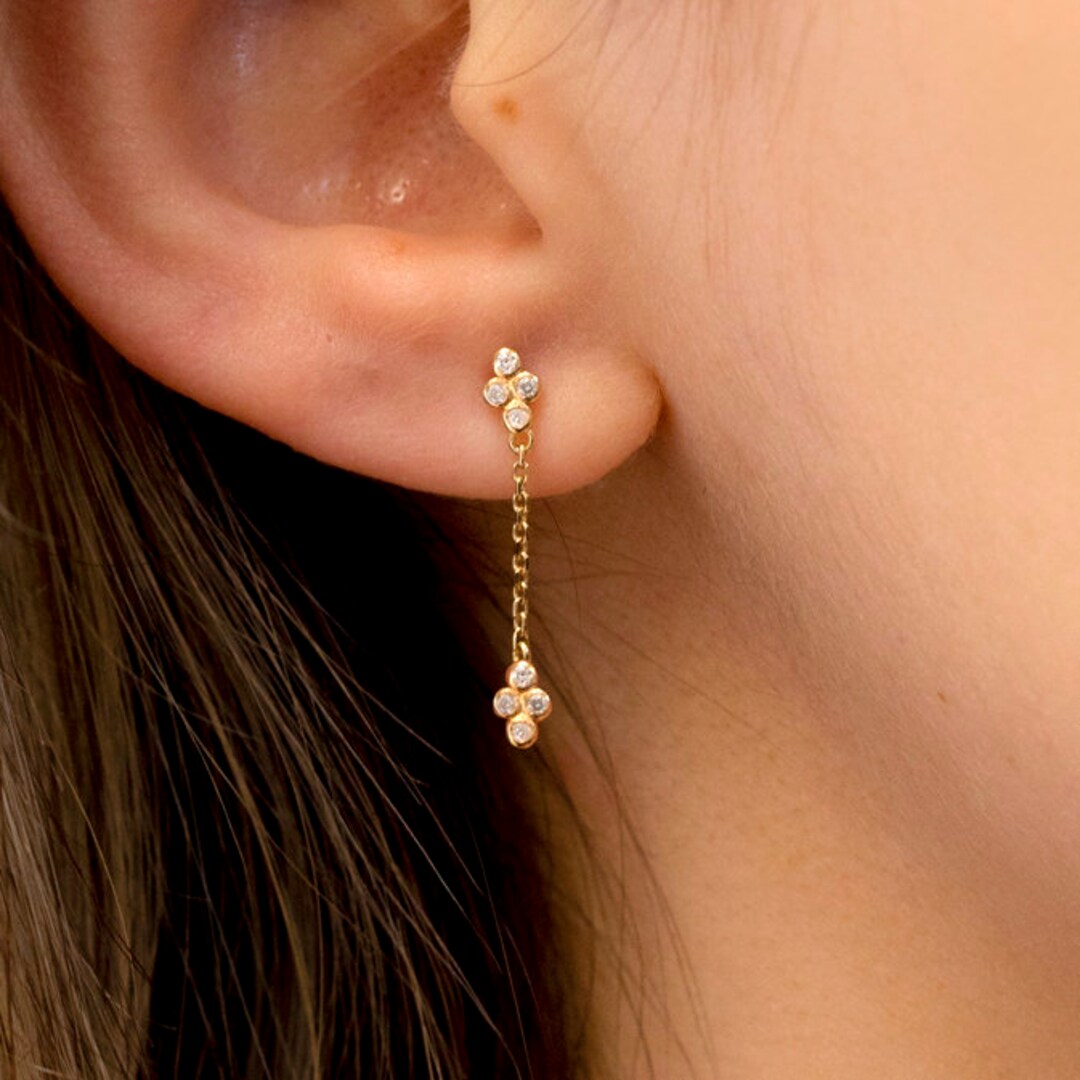 Diamond Drop Cluster Earrings, 14k Solid Gold Dangly Chain Stud, Petite Diamond Earring, Wedding ...