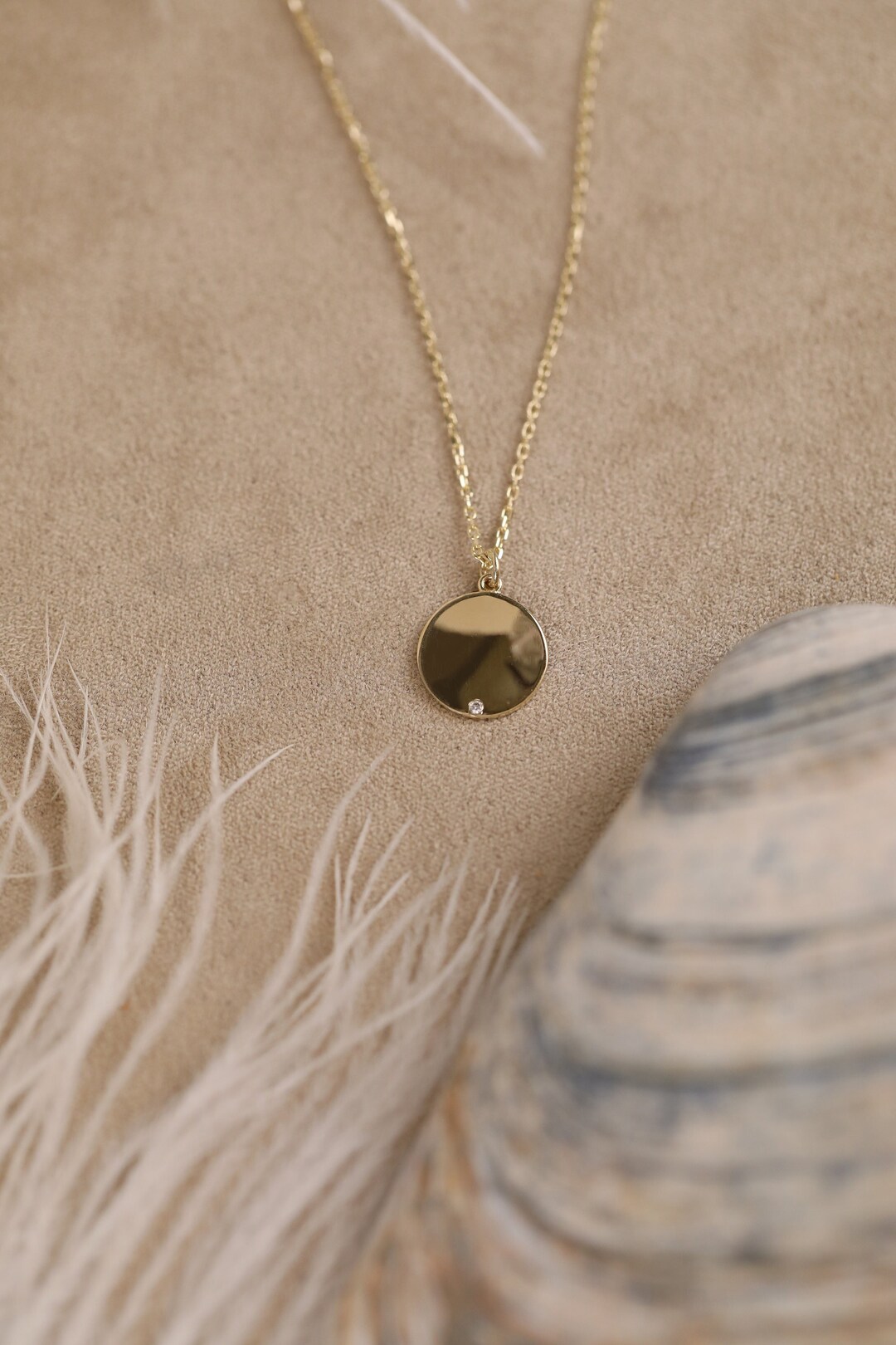 14k Small Gold Disc Necklace, Small Initial Necklace, Small Diamond Set ...