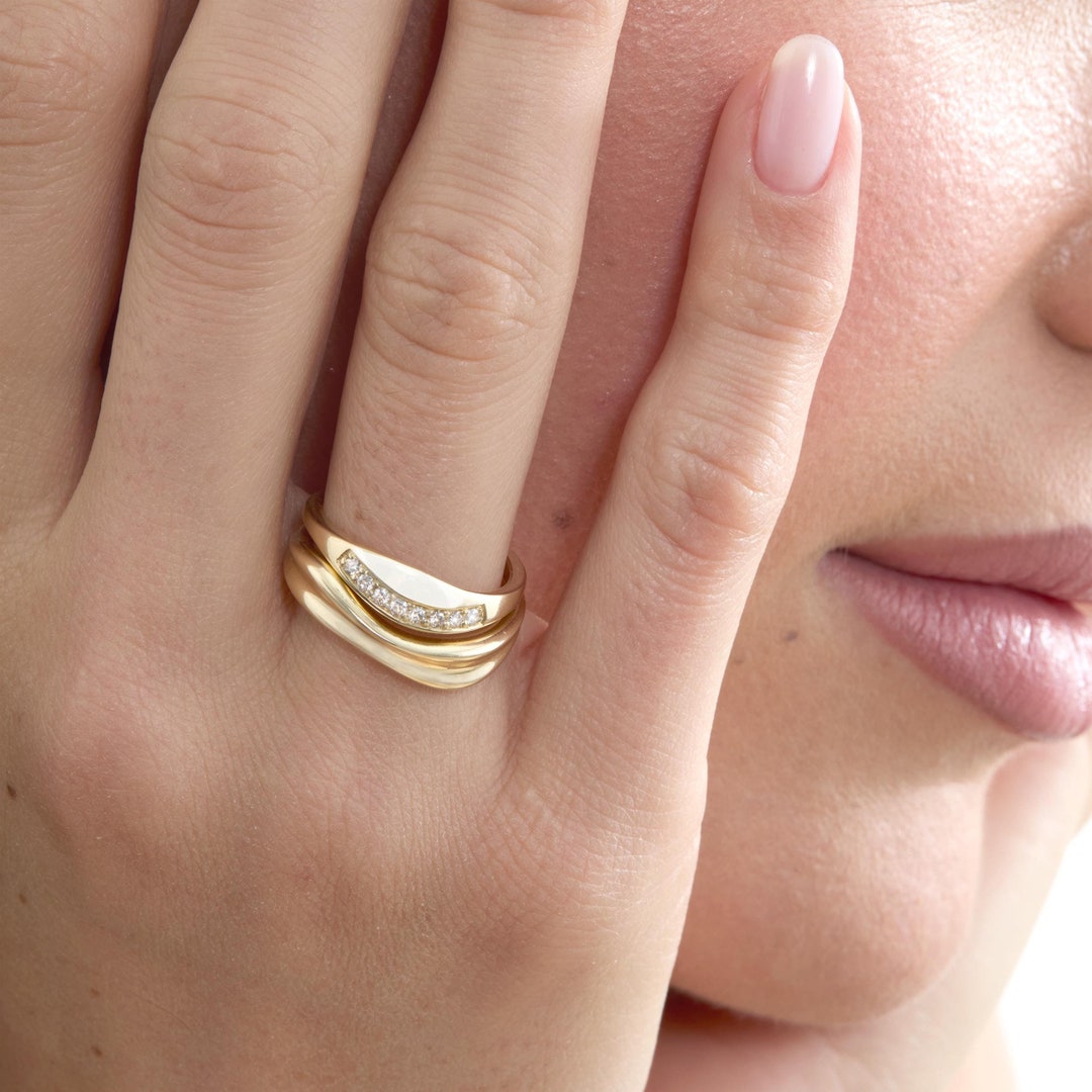 Curved Stacking Diamond Ring Set, Natural Pave Diamonds, 2 Pieces Solid ...