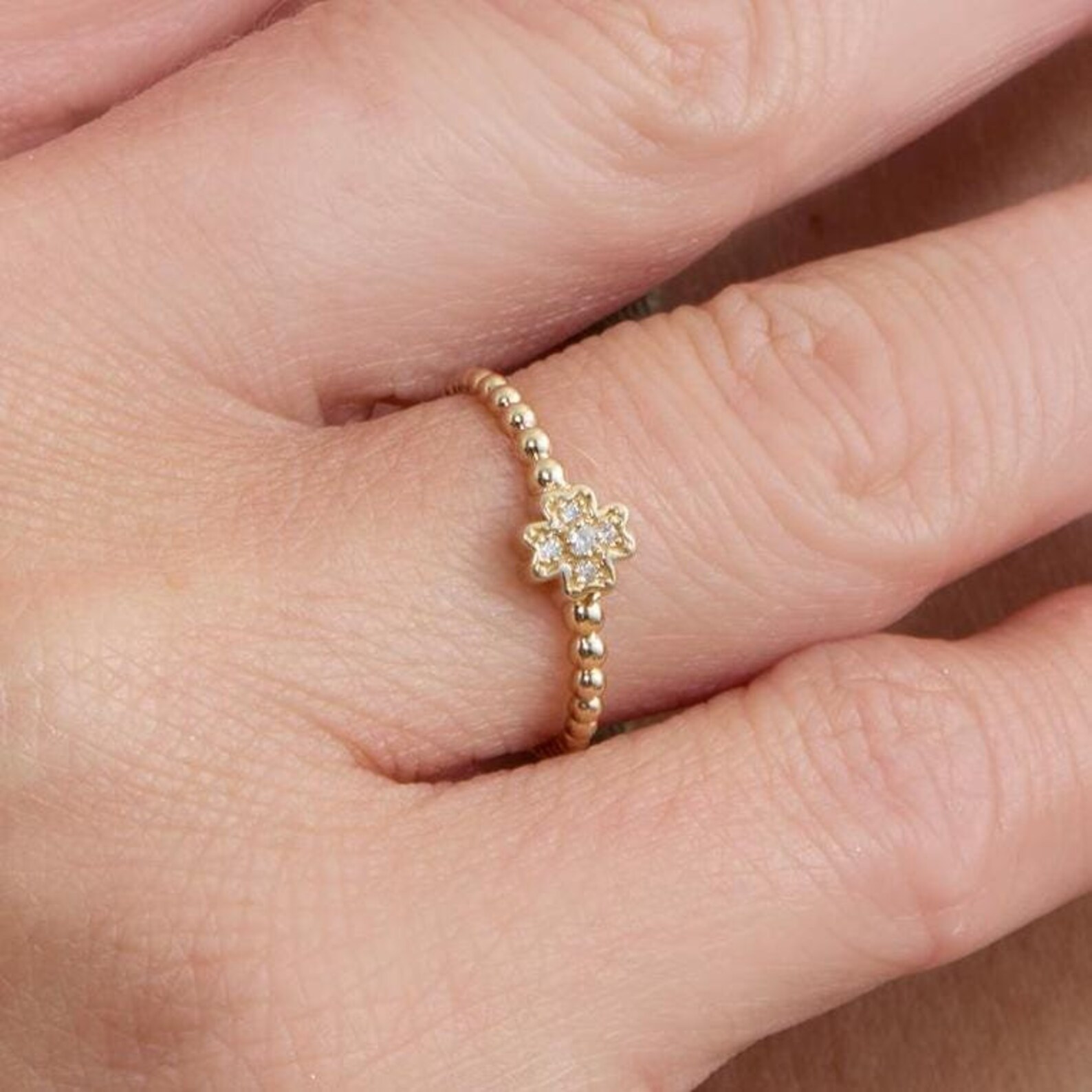 Solid Gold Diamond Clover Ring, Handmade Beaded Band, Dainty Stacking ...
