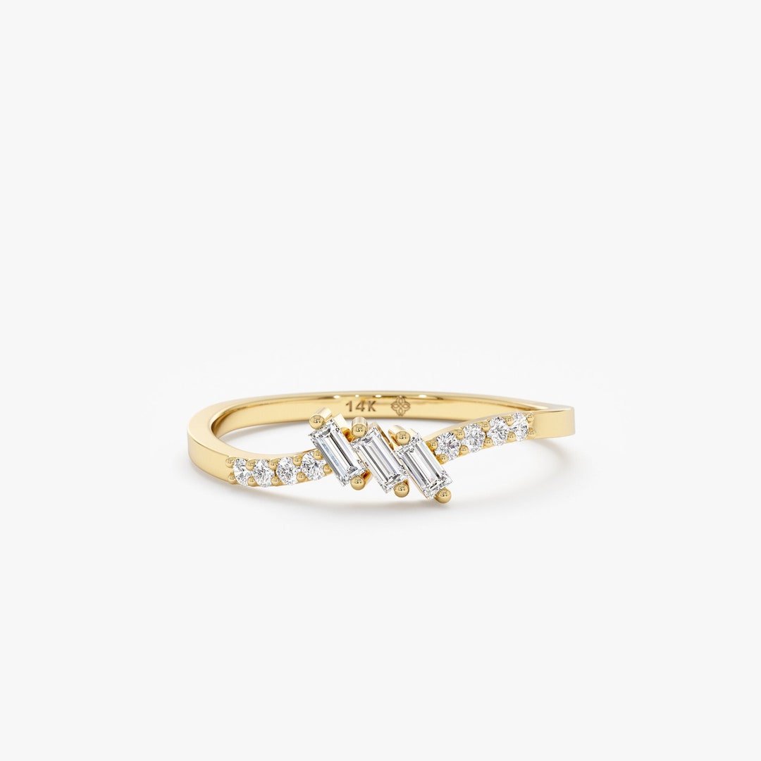 14k Gold Baguette Diamond Ring, Dainty Petite Diamonds, Triple Diamond ...