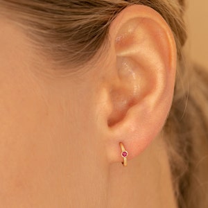 14k Solid Gold Huggies With Rubies, Small Gold Hoops, Gold Ruby Huggy Earrings, Dainty Gold Hoop ...