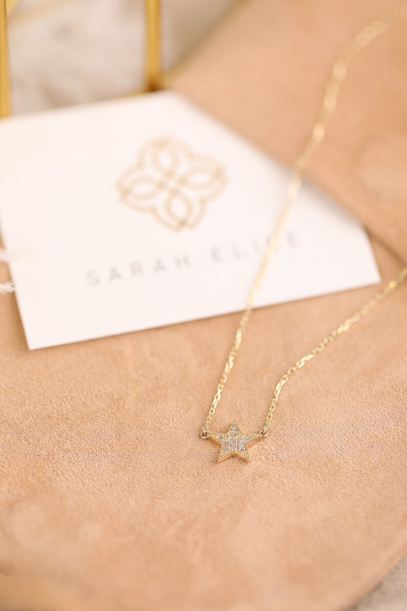 14k Solid Gold Diamond Star Necklace 9mm Gold Star White - Etsy