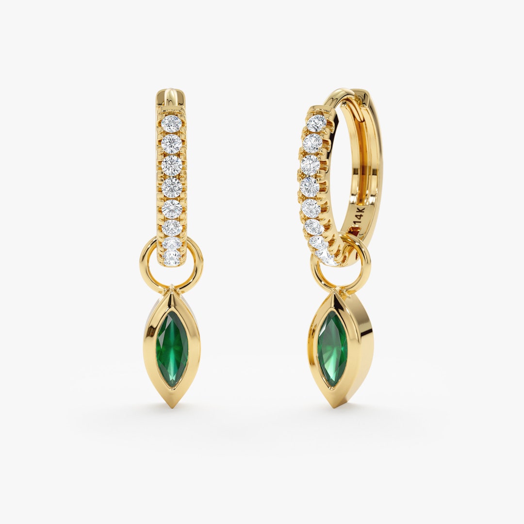 14K Marquise Emerald Earring Charm, Bezel Set Gem, Dangly Charm for ...