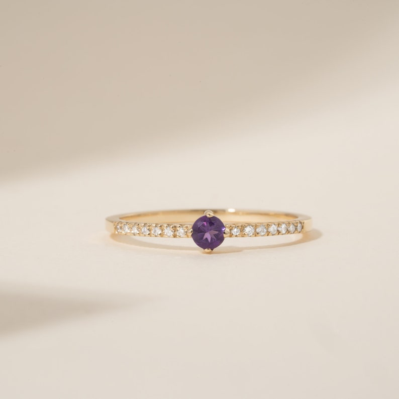 Amethyst Ring, Diamond Engagement Ring, Dainty Diamond Band, 14k / 18k ...