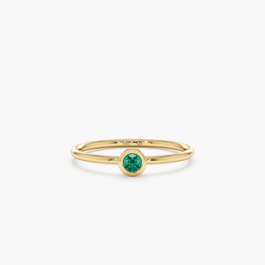 14k Solid Gold Emerald Ring, Engagement Ring, Simple Bezeled Emerald ...