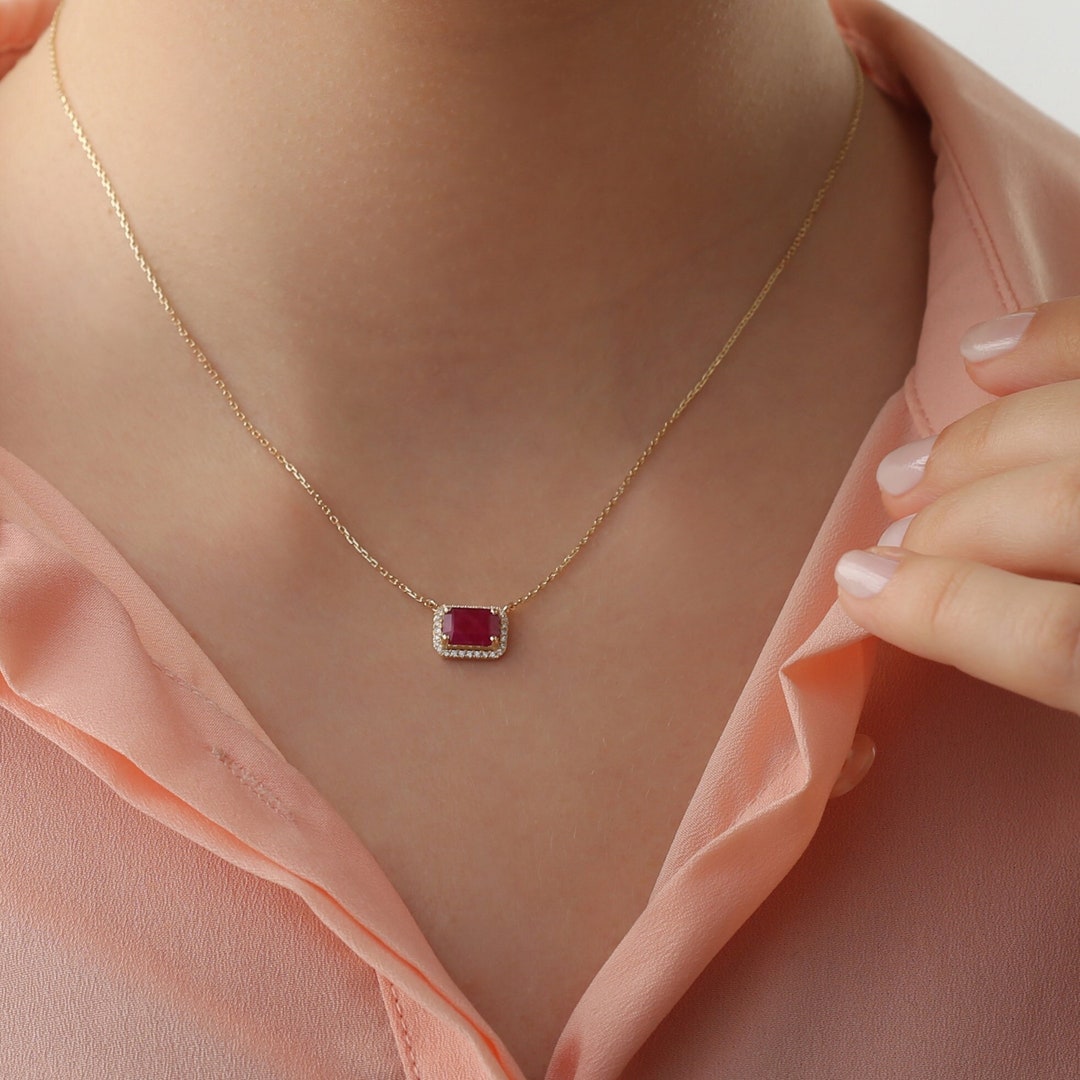 14k Gold Diamond and Ruby Necklace Emerald Cut Genuine Ruby - Etsy