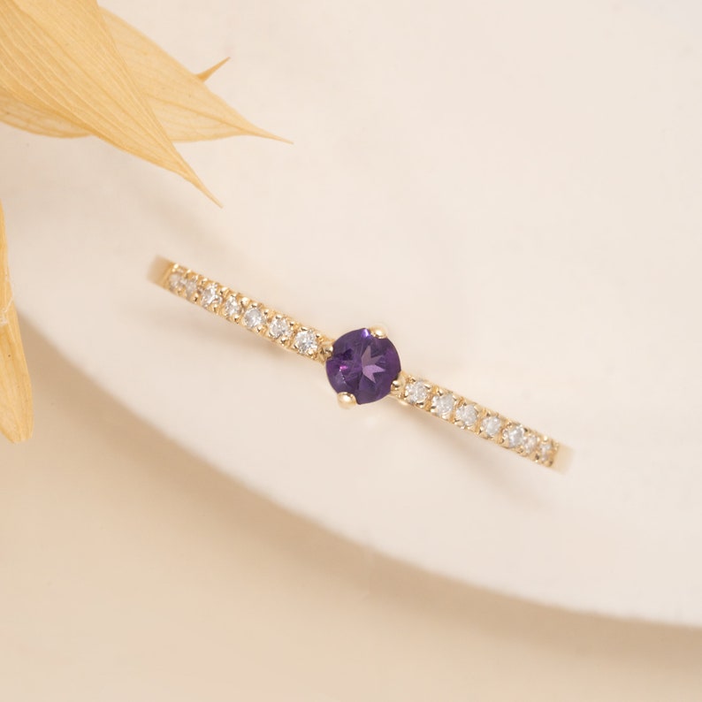 Amethyst Ring, Diamond Engagement Ring, Dainty Diamond Band, 14k / 18k ...