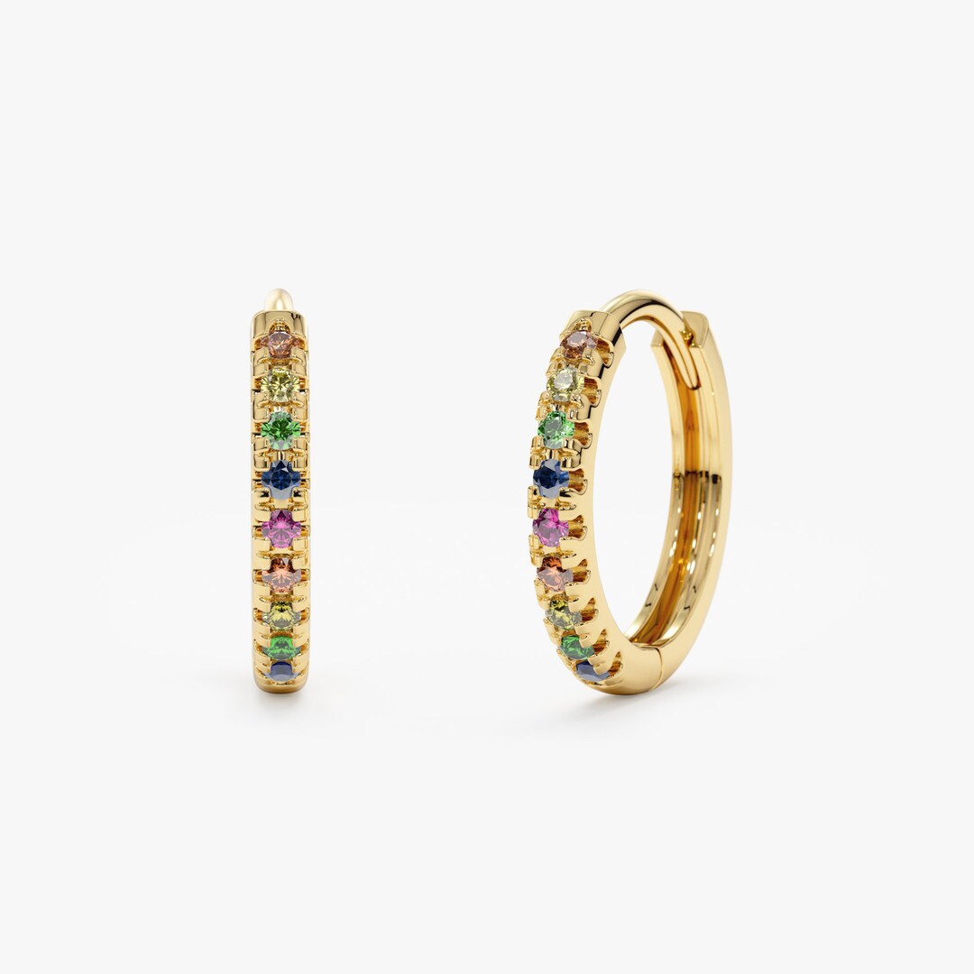 14k Solid Gold Rainbow Sapphire Huggies, Solid Gold Hoops, Gold Huggie ...