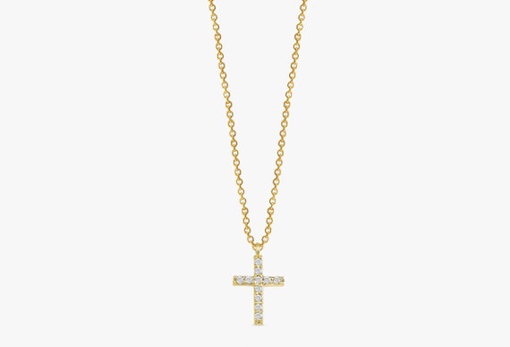 Small Diamond Cross Necklace 14k Solid Gold Mini Cross | Etsy