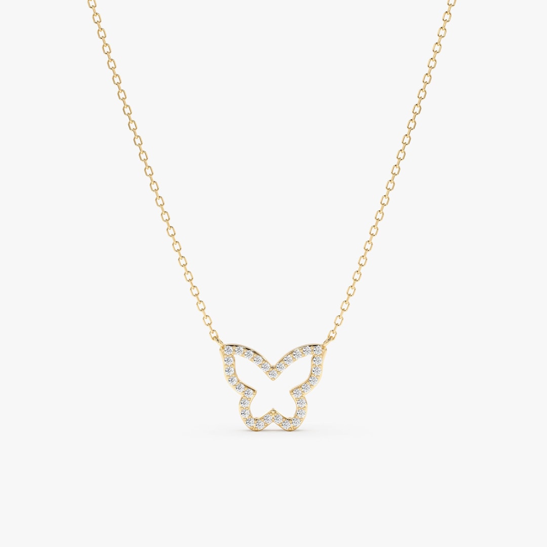 Diamond Butterfly Necklace, Solid Gold Small Butterfly Pendant Necklace ...