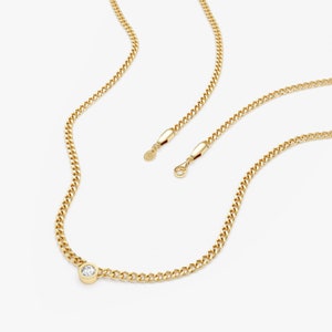 Solitaire Diamond Chain Necklace, 14k Cuban Chain Choker, Single Bezel ...