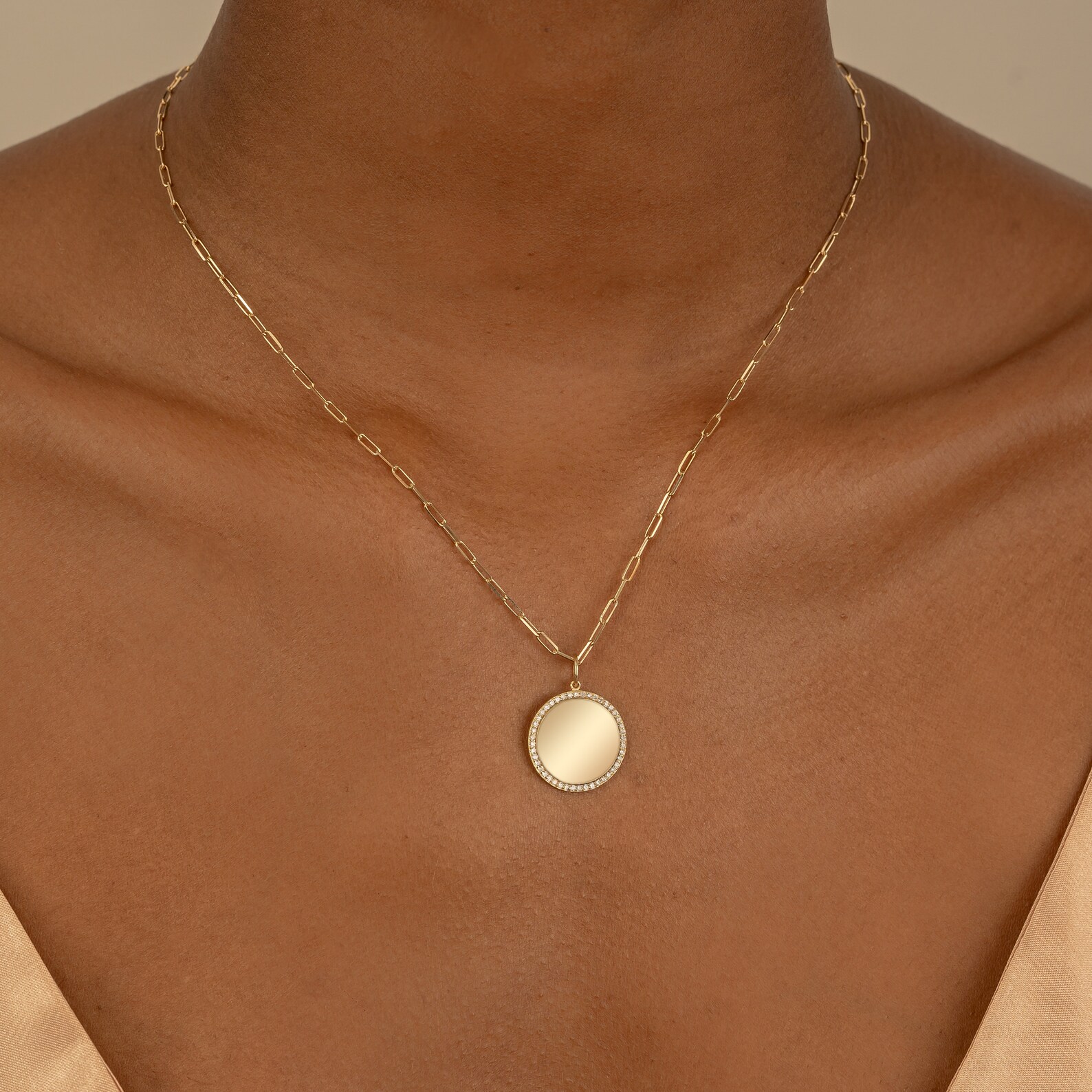 14k Solid Gold Disc Necklace Gold Medallion Diamond Coin - Etsy