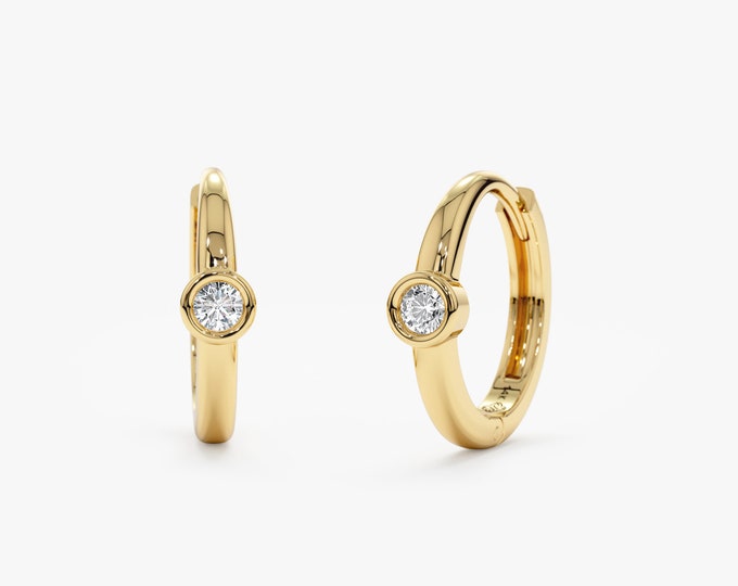 Solid Gold Huggies Diamond Small Huggies Dainty 14k Gold - Etsy