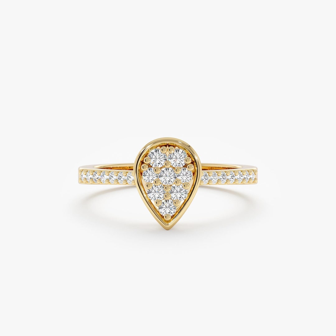 14k Gold Diamond Teardrop Engagement Ring, Natural White Diamond-paved ...