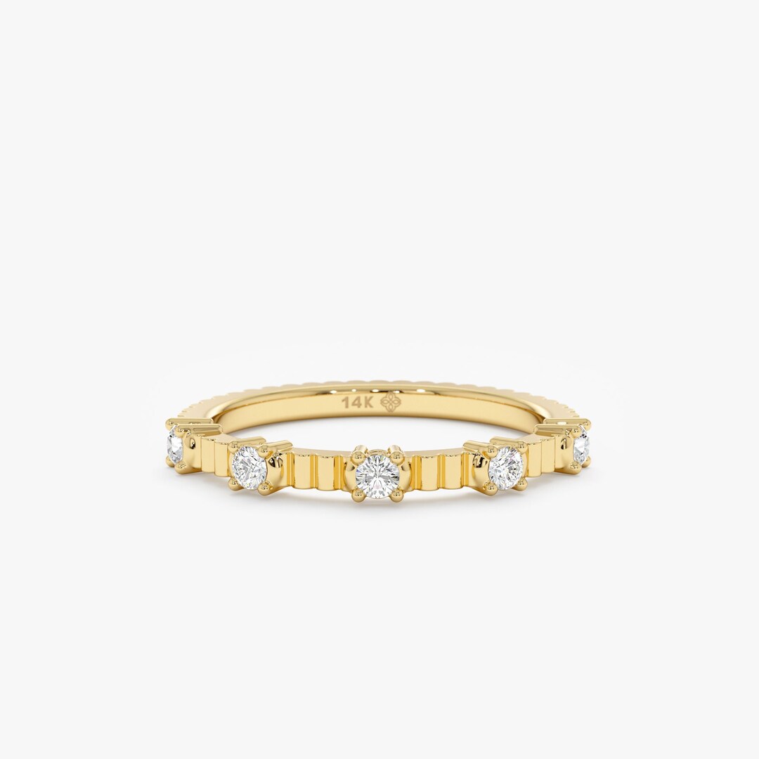 Solid Gold Ribbed Diamond Band, Natural Brilliant Cut Diamond Ring ...