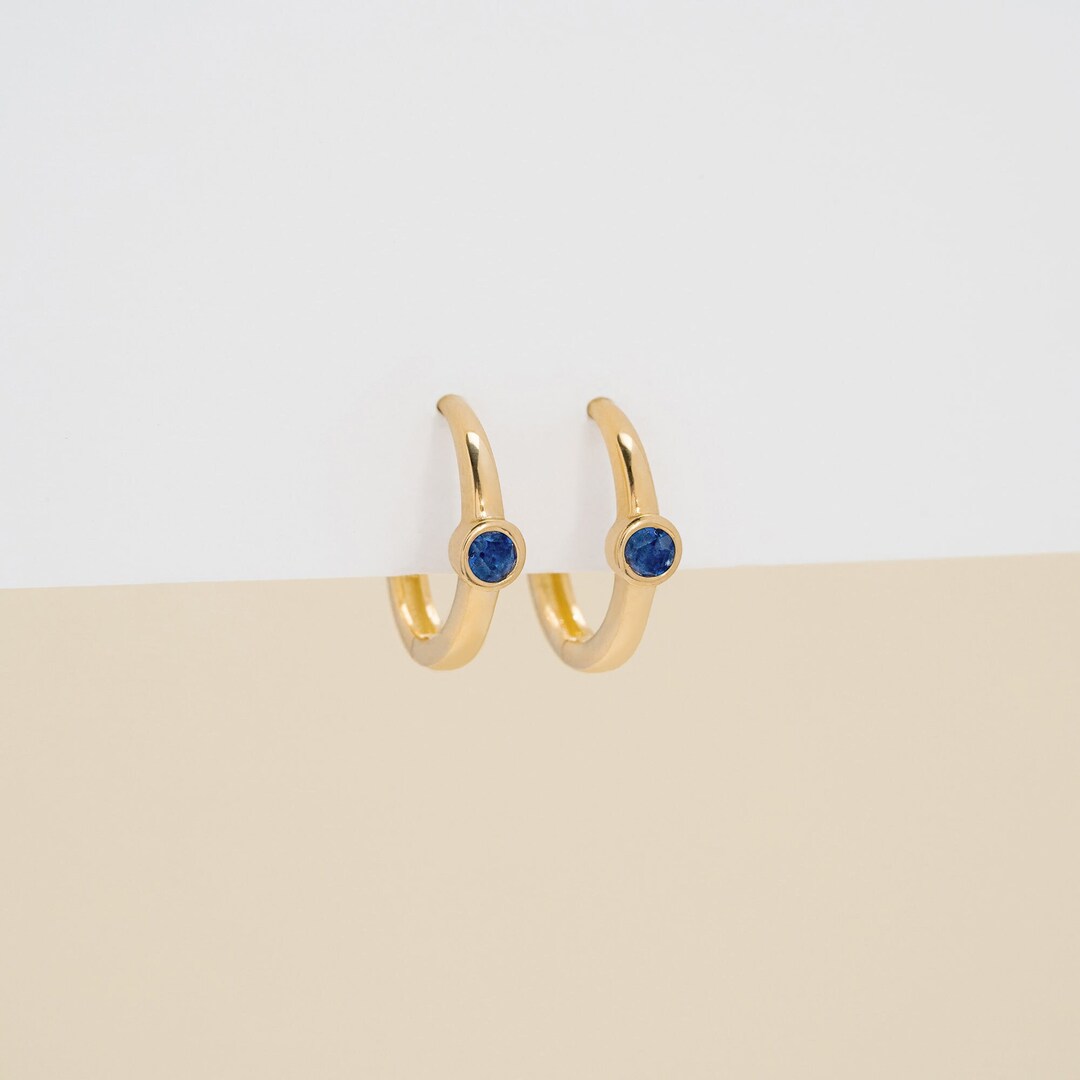 Gold Hoop With Sapphire, Solid Gold Hoops, Gold Blue Sapphire Huggy ...