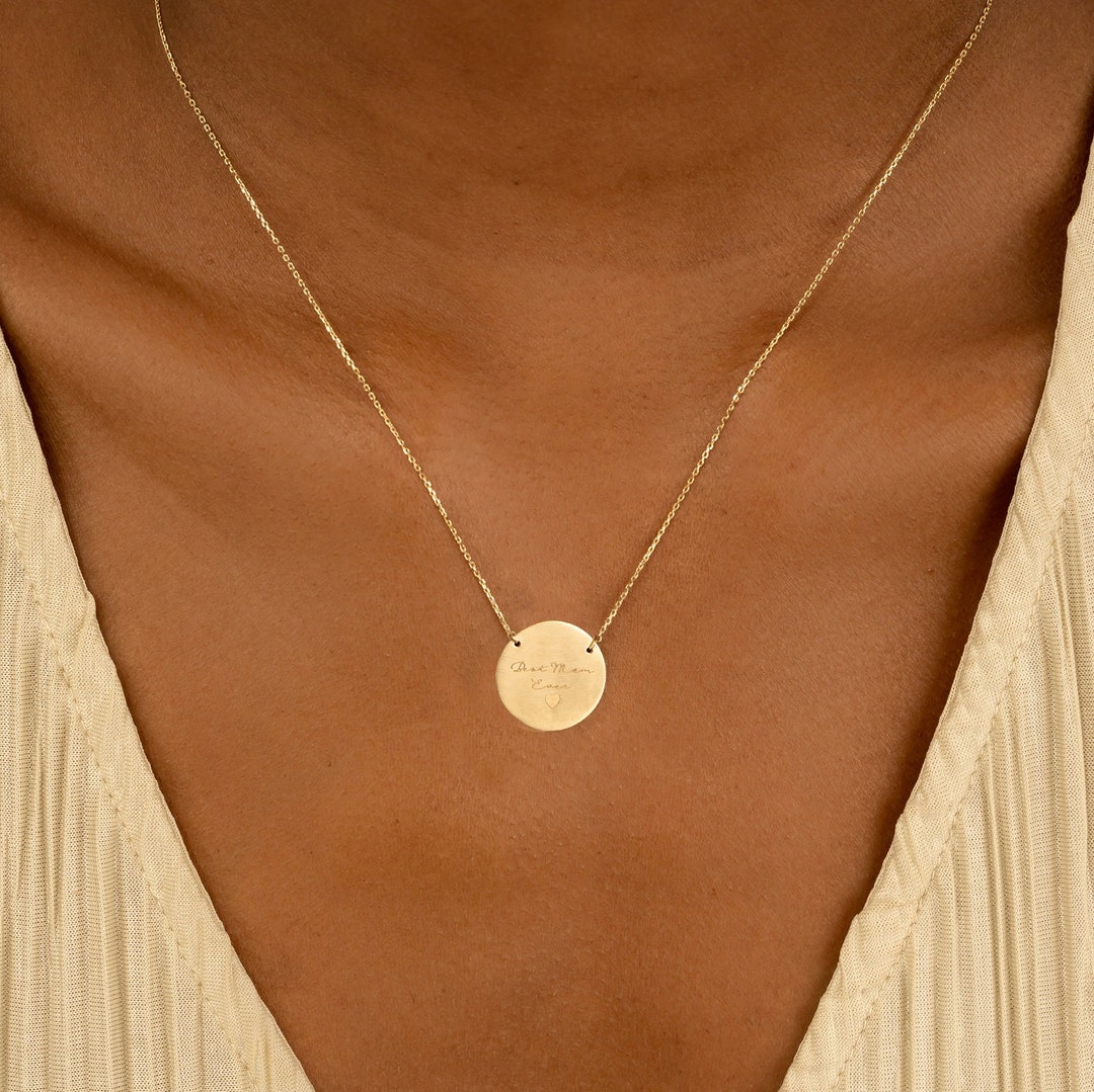 14k Brushed Gold Disc Necklace, Custom Gold Necklace, Initial Necklace ...