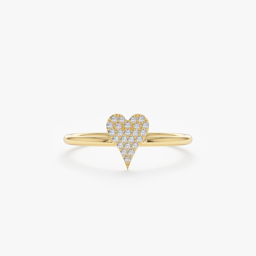 14k Pave Diamond Heart Ring, Solid Gold Heart Ring, Micro Pave Diamond Ring, Mini Heart Ring ...