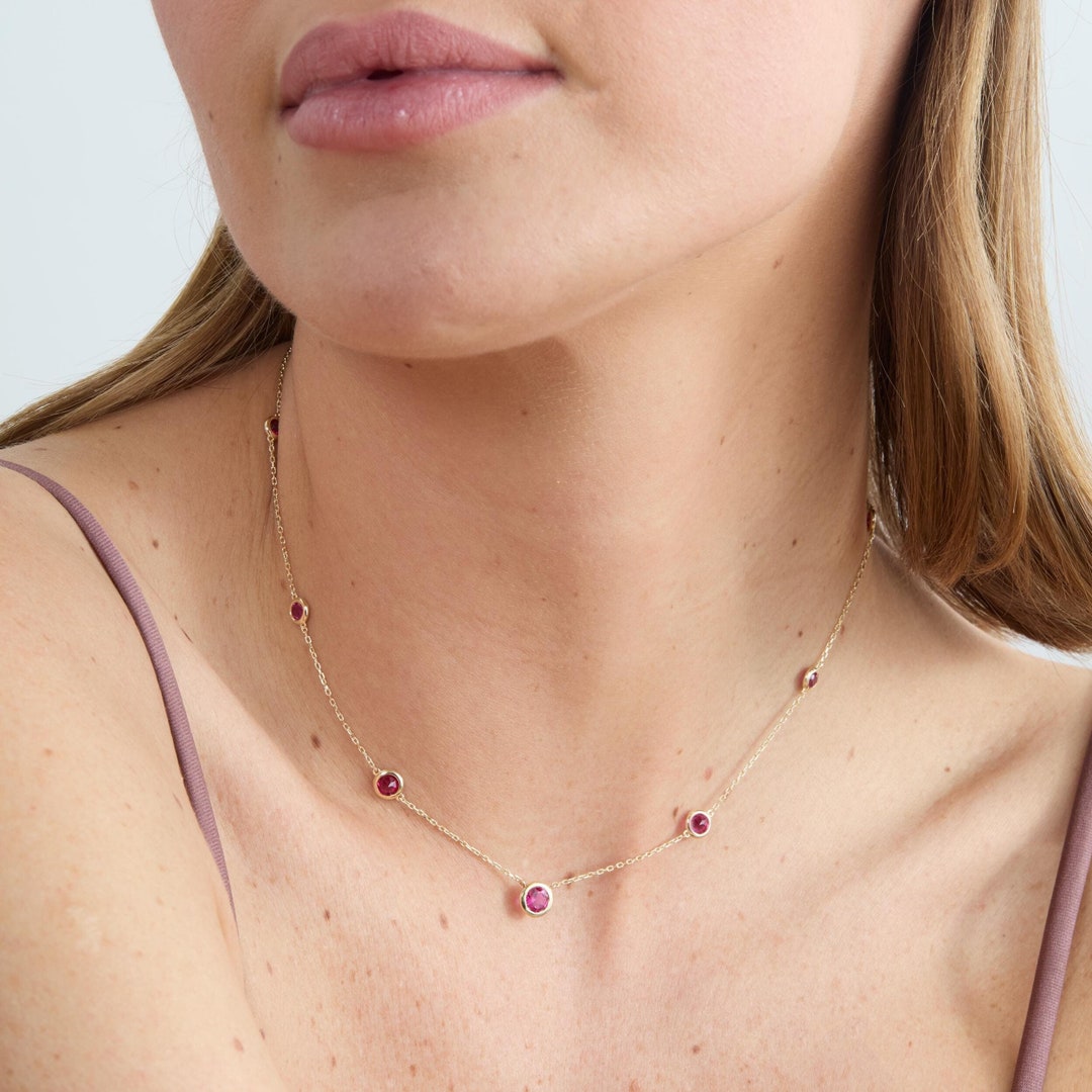 Ruby Station Necklace, 10k 14k 18k Solid Gold, Graduated Ruby Bezels ...