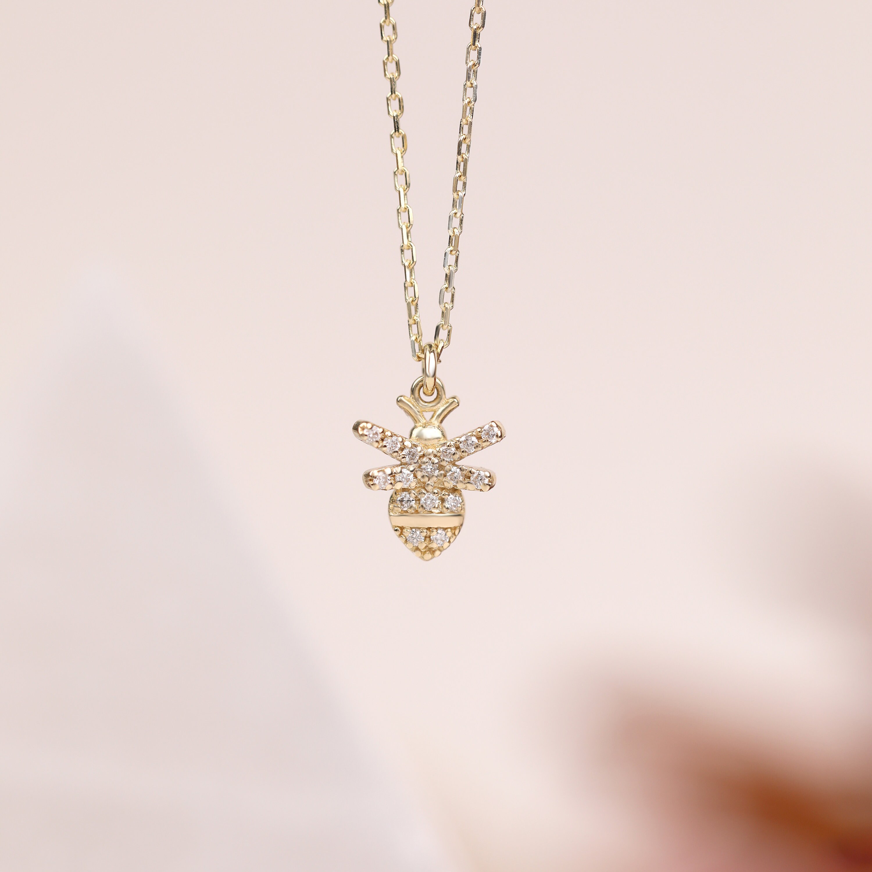 14k Gold Diamond Bee Necklace Solid Gold Charm Necklace - Etsy