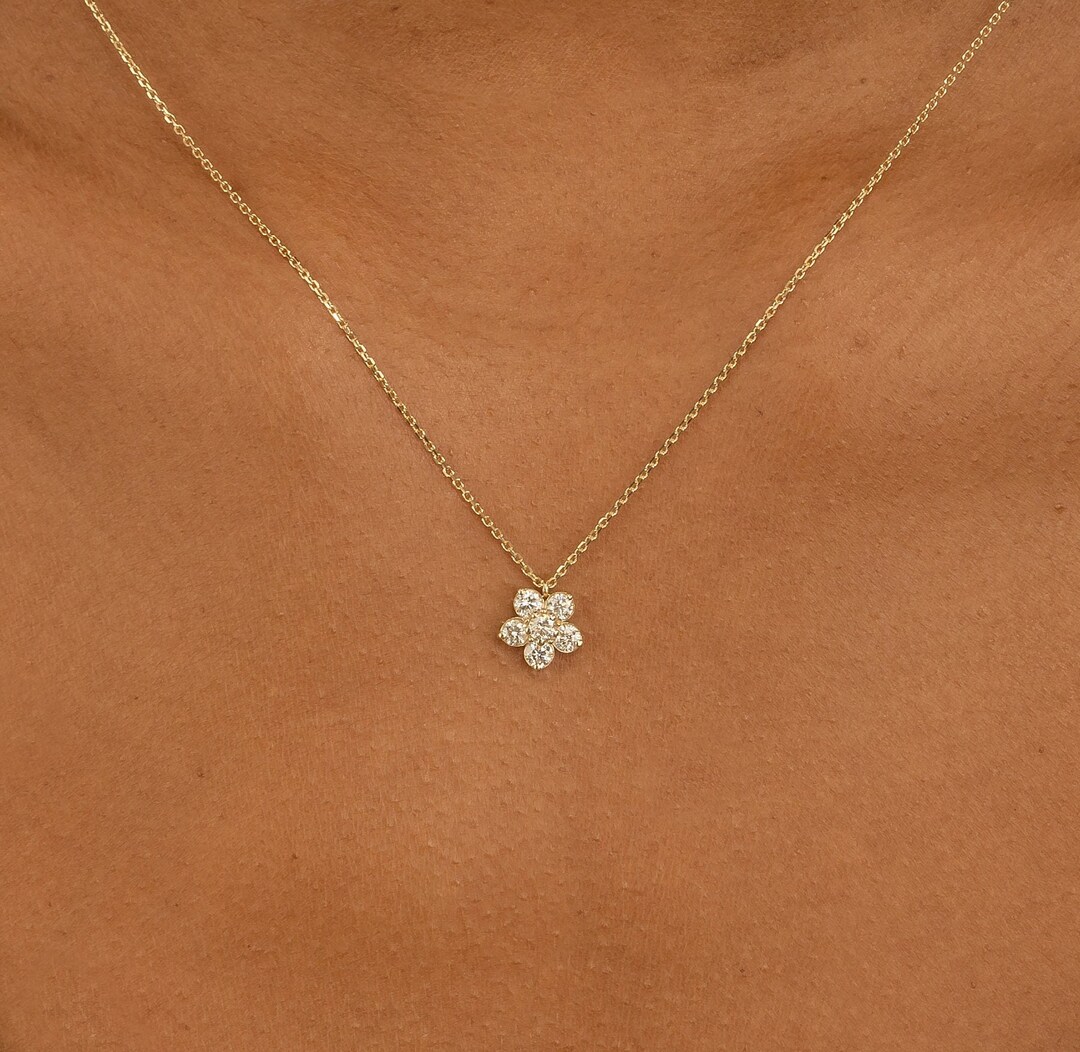 14k Gold Diamond Flower Necklace, Natural Diamonds and Solid Gold ...