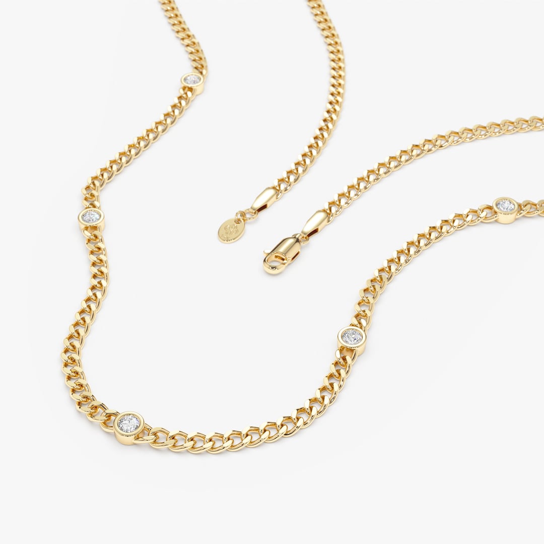 Diamond Cuban Chain Necklace, 14k Gold Sectioned 5 Diamonds, Multi ...
