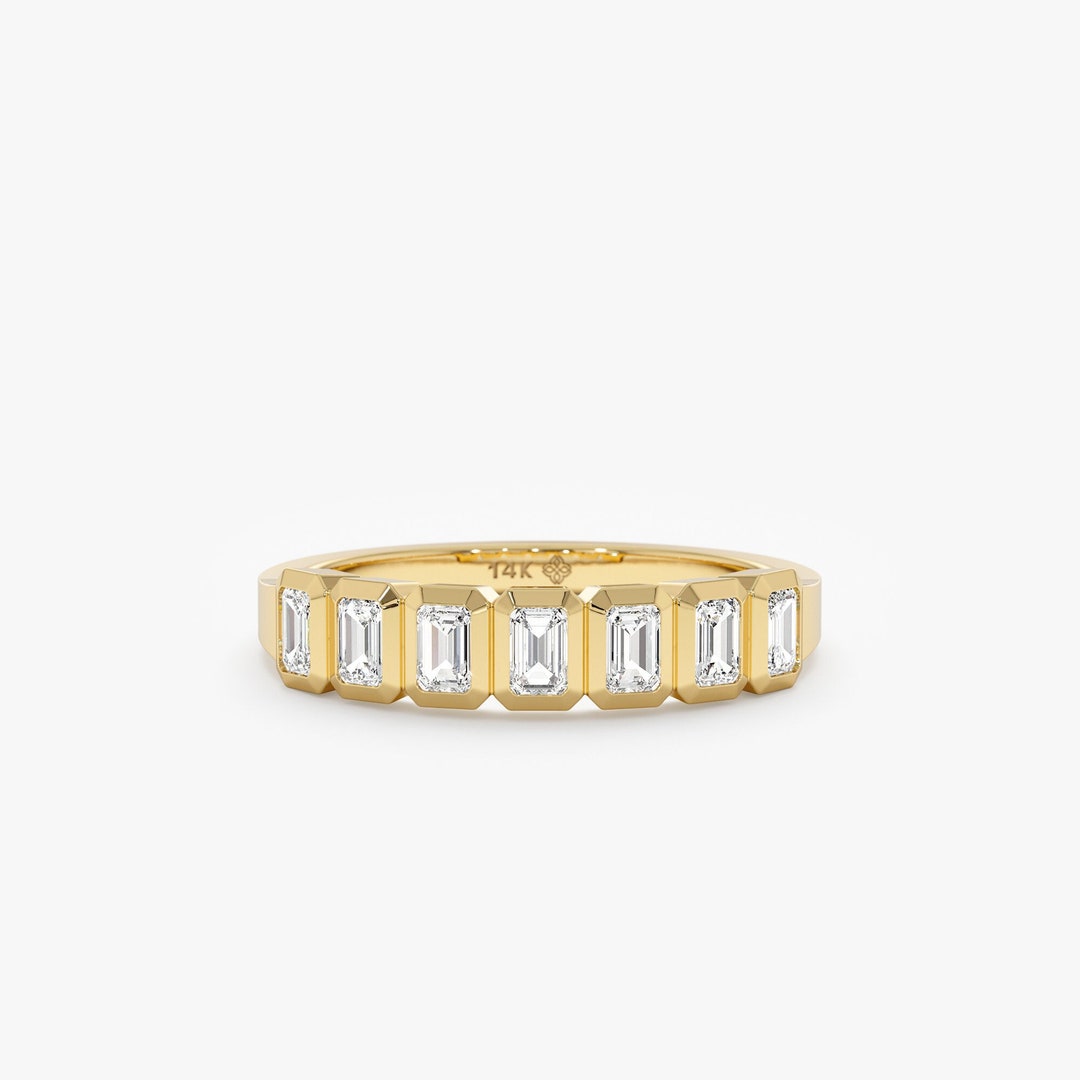 Diamond Octagon Half Eternity Ring, Bezel Set, 14K / 18k, Wedding Band ...