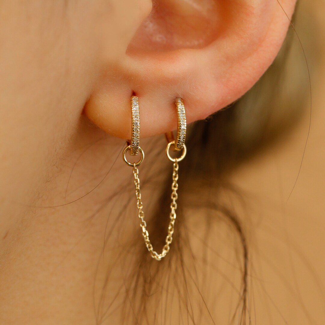 14K Cable Chain Charm, Dangly Chain Charm, Double Earhole Earring ...