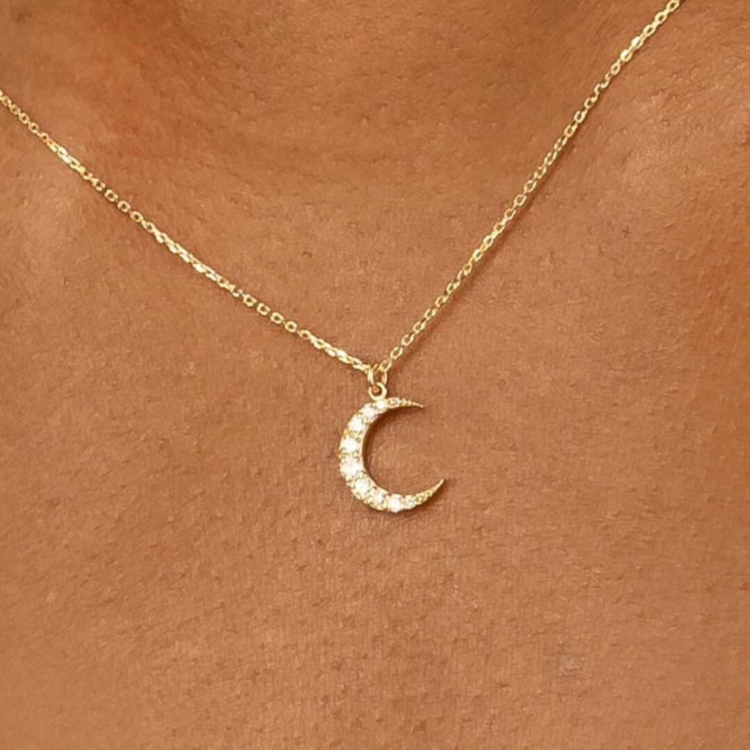 14k Diamond Crescent Necklace, Small Diamond Moon Necklace, White ...