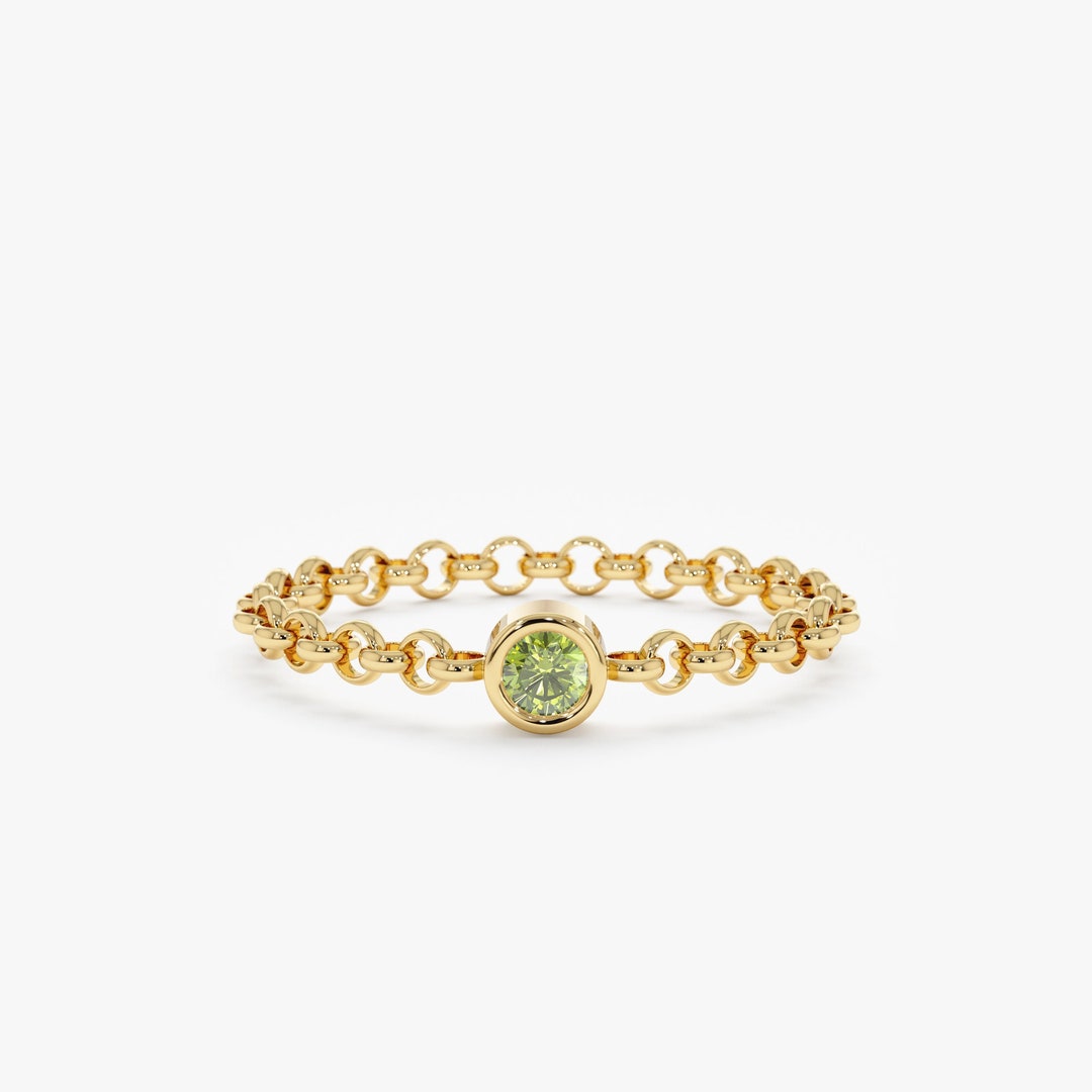 14k Gold Peridot Ring, Loose Gold Chain Ring, Bezel Birthstone Ring ...
