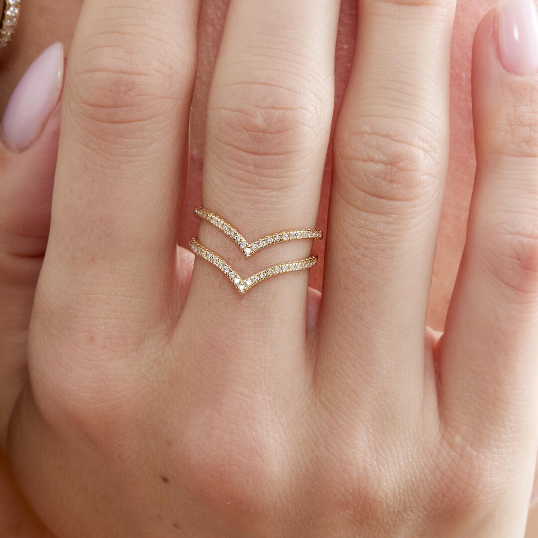 Double V Diamond Ring, Diamond Chevron, Gold V Ring, Bridal Stack ...