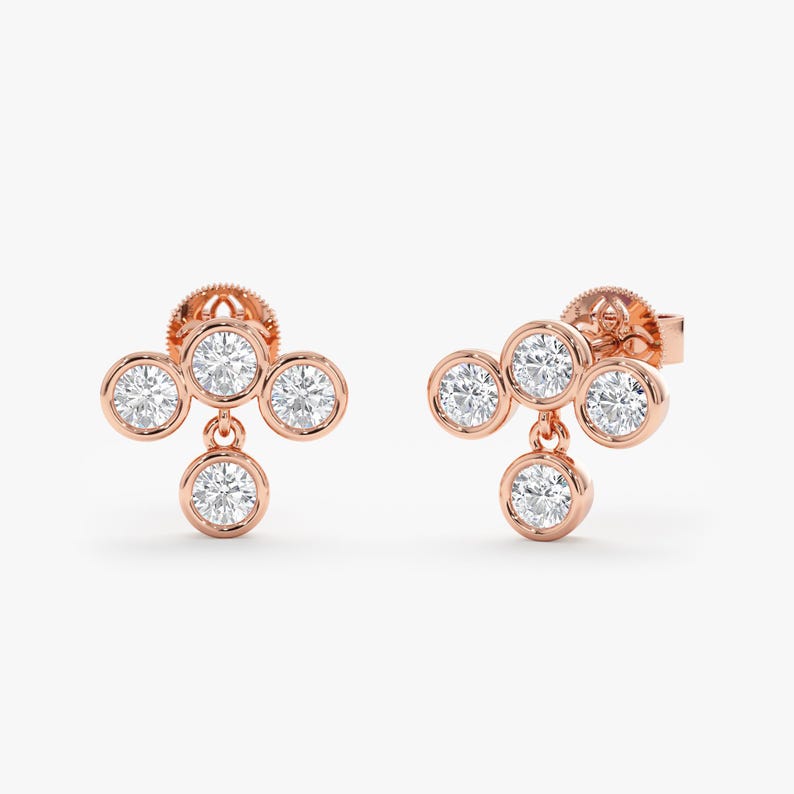 Dangle Lab Grown Diamond Stud, Triple Diamond Stud, Solid Gold Earrings ...