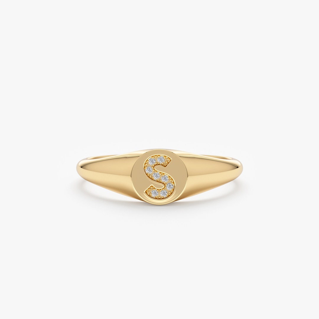 Diamond Initial Signet Ring, 14k Gold Personalized Gift, Yellow, Rose ...