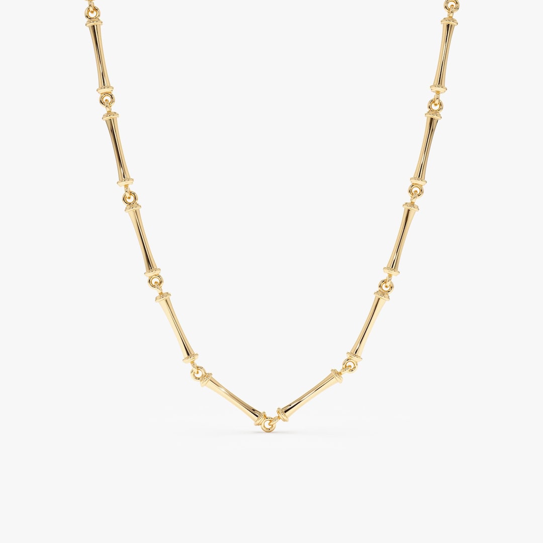 Gold Bar Link Chain Necklace, Solid Gold Bamboo Style Necklace, Modern ...