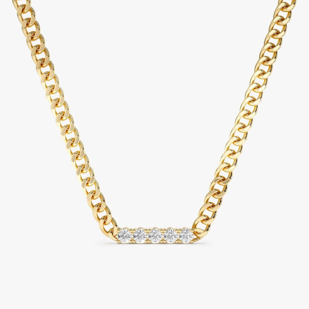 14k Gold Diamond Cuban Chain Necklace, Large Diamond Setting Curb Chain ...