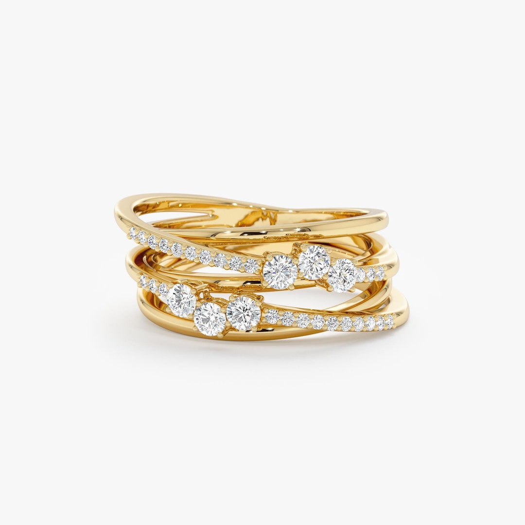 Stacked Diamond Ring, Solid Gold Unique Diamond Ring, Crossed Cluster Diamond Band, Crossover ...