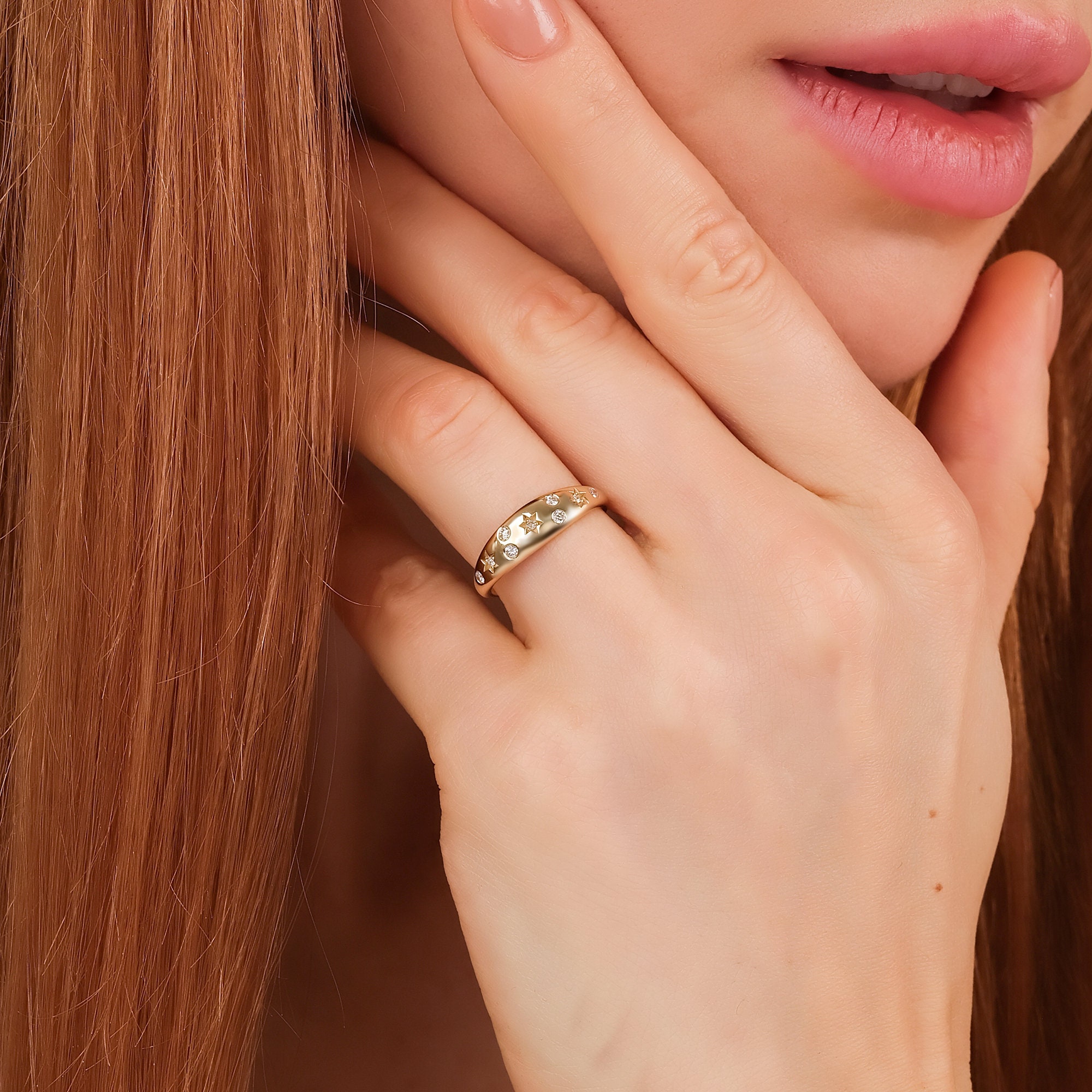 14k Gold Celestial Ring, Dome Star Ring, Multi Star Setting Jewelry ...