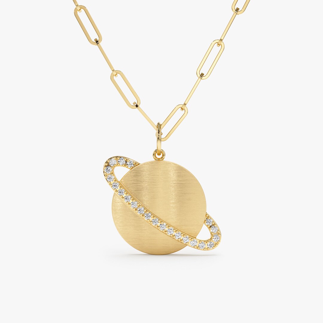 14k Solid Gold Diamond Saturn Necklace, Brushed Gold Planet Pendant ...