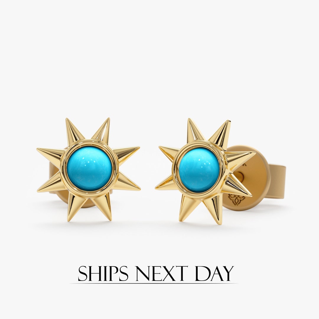 14k Gold Turquoise Earrings, Solid Gold, Sun Design Studs, Small ...