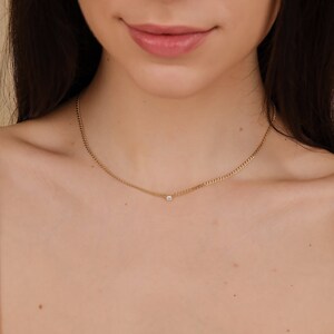 Solitaire Diamond Chain Necklace, 14k Cuban Chain Choker, Single Bezel ...