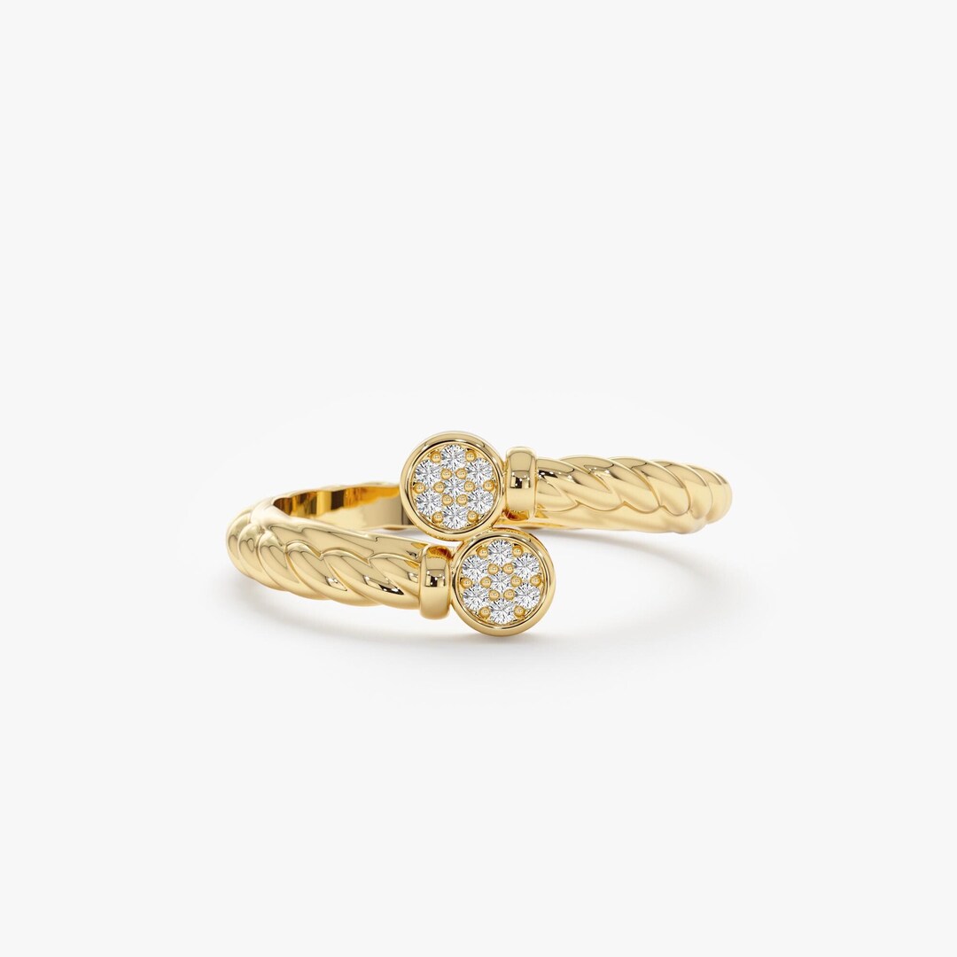 Double Bezel Diamond Ring, 14k or 18k Solid Gold Twisted Band, Dainty ...