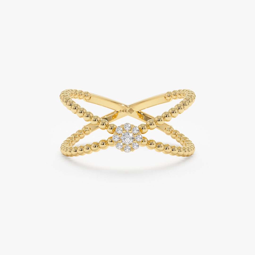 Diamond Cross Ring, Criss Cross Ring, Beaded Gold Band, Natural ...