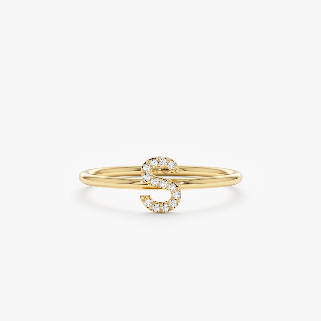 14k Gold Diamond Initial Ring, Personalized Diamond Ring, Dimond Ring ...