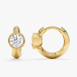 Large Lab Grown Diamond Mini Hoops, Solid Gold Bezel Set Huggie ...